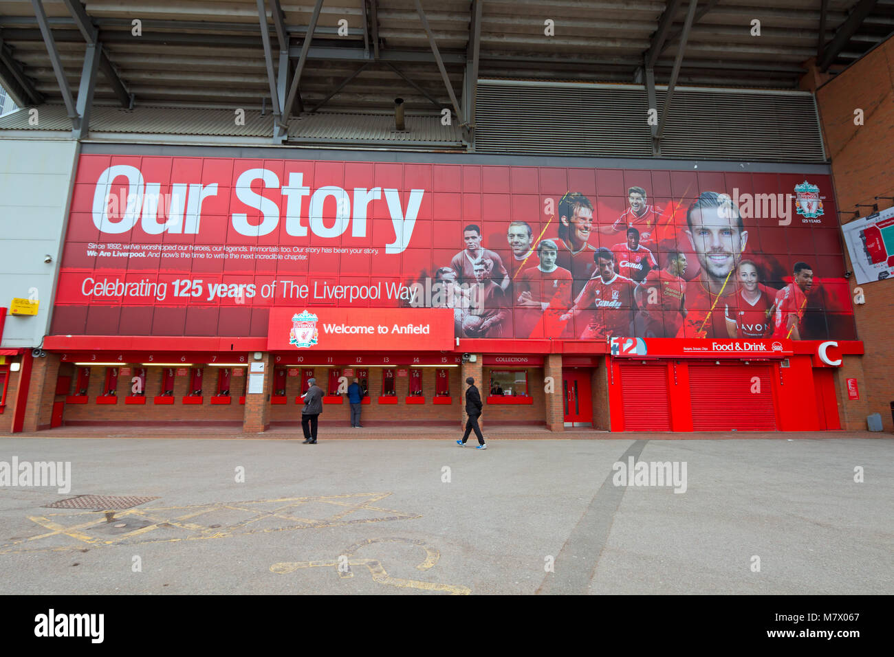 Huge mural at the Kop end of the stadium at Anfield, home of Liverpool ...