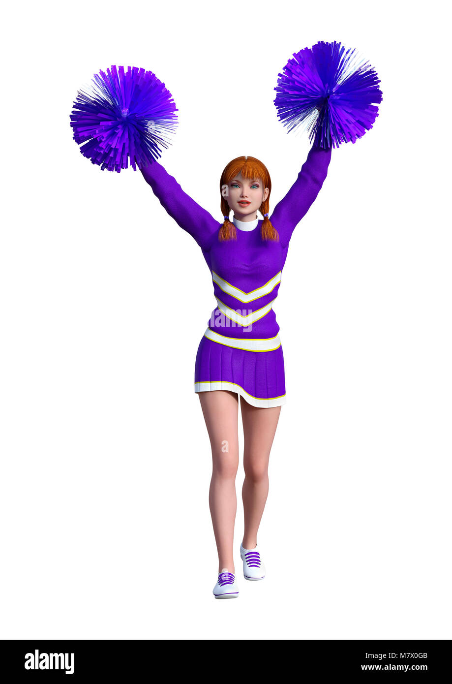 3D rendering of a young cheerleader with pompoms isolated on white ...