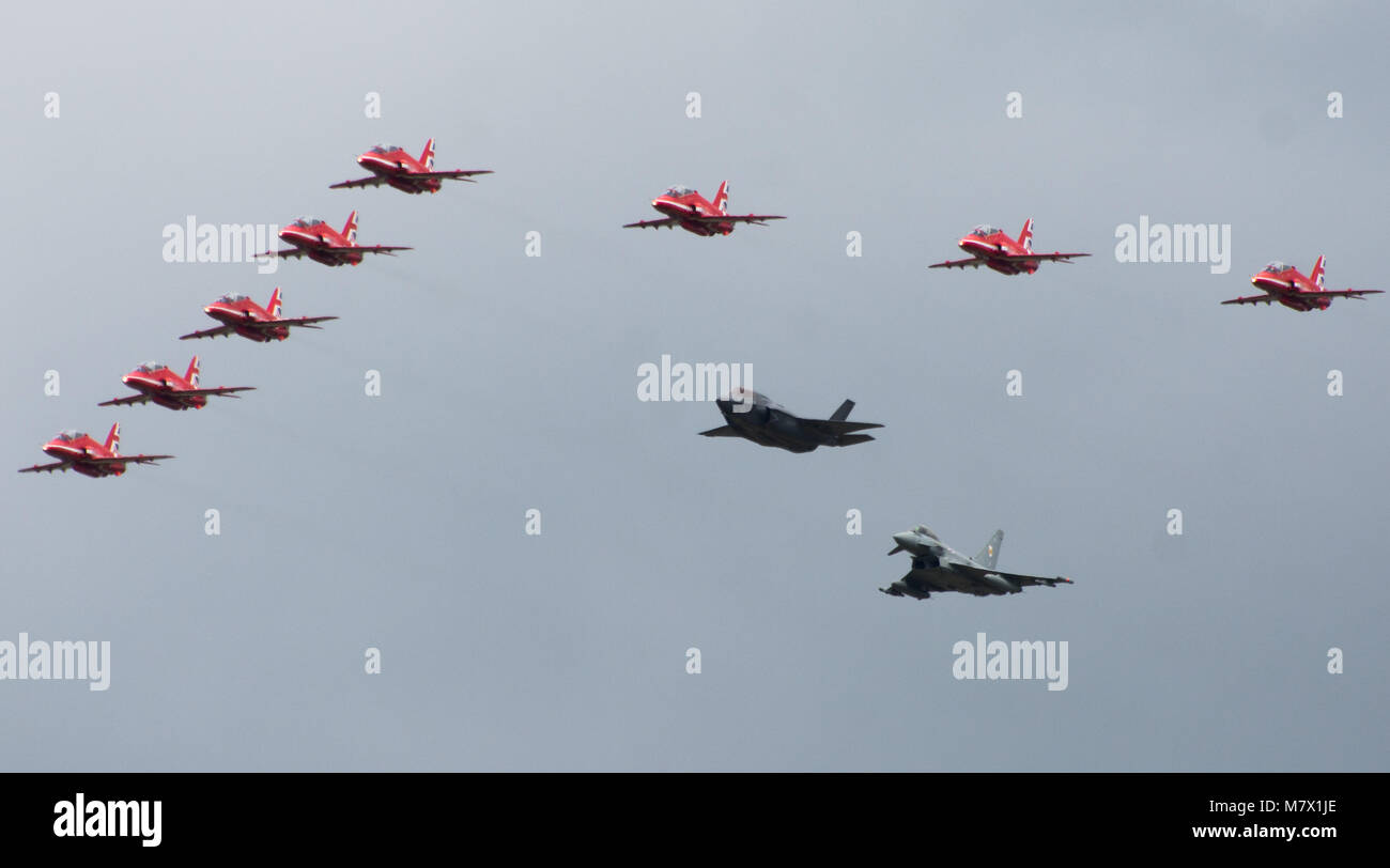 red arrows flying in formation with f35 lightning and Eurofighter ...