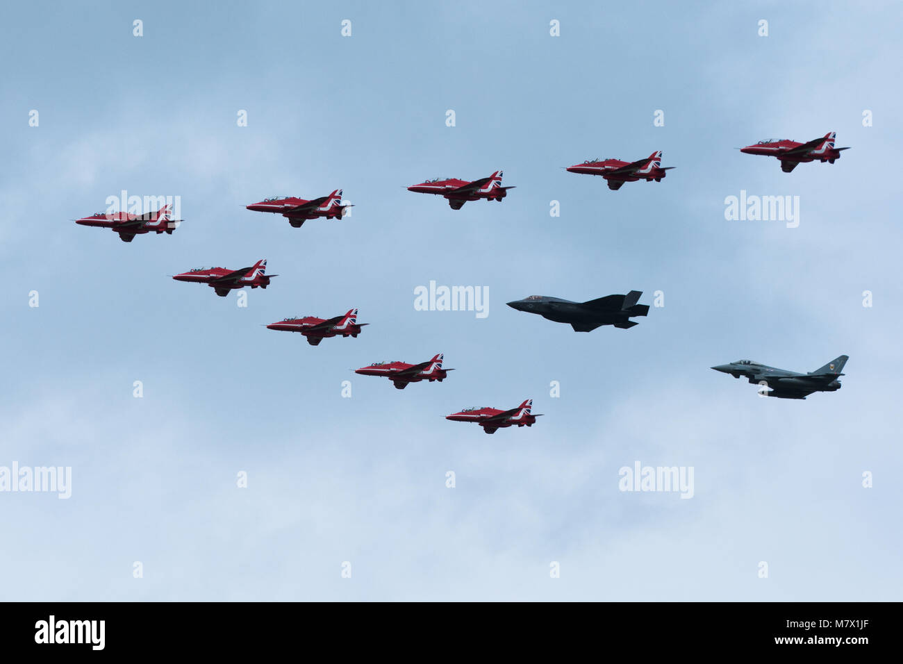red arrows flying in formation with f35 lightning and Eurofighter ...