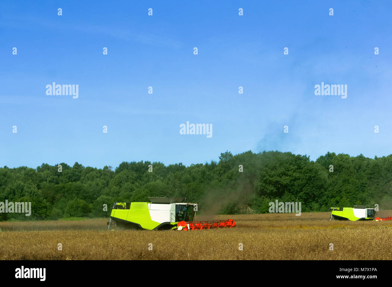 two agricultural machines operate in the field, agricultural land, ain ...