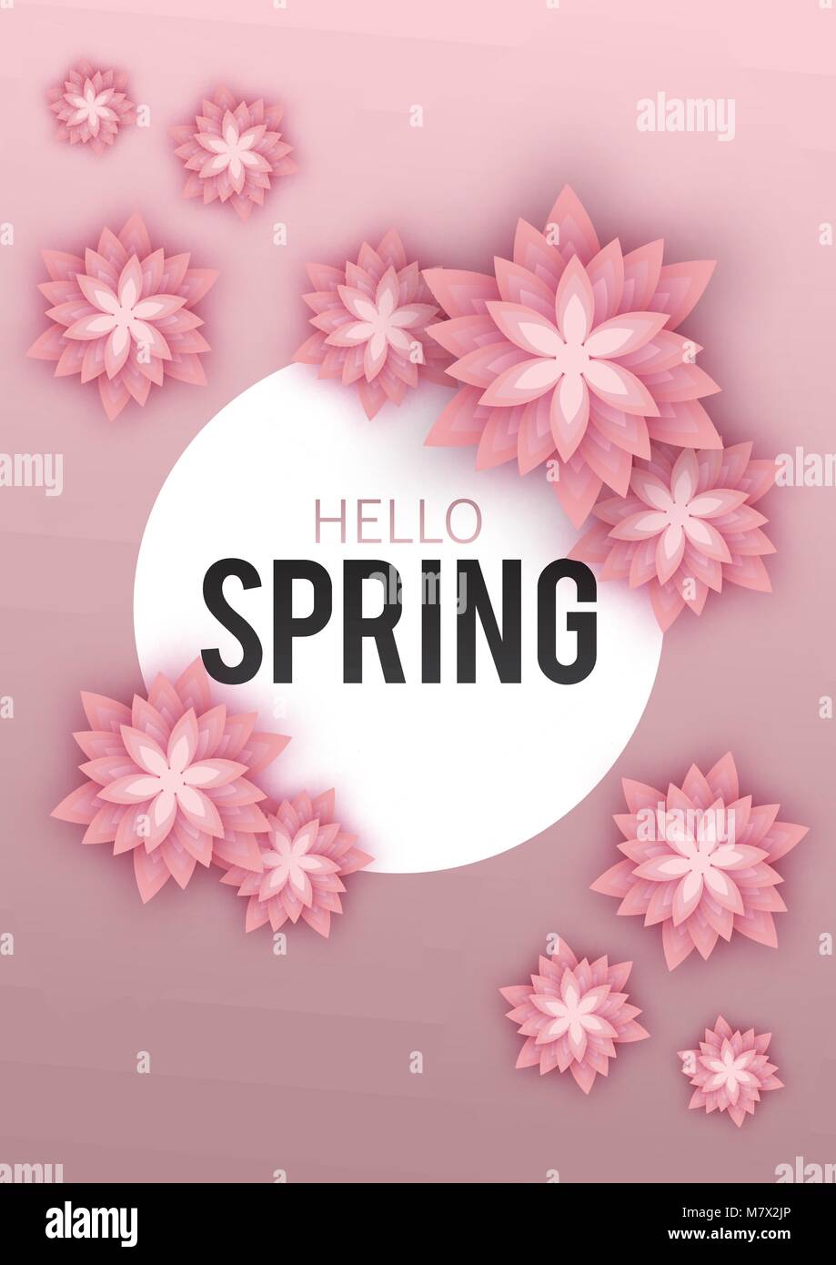 Hello Spring, floral greeting card, paper flowers. Banner with r Stock ...