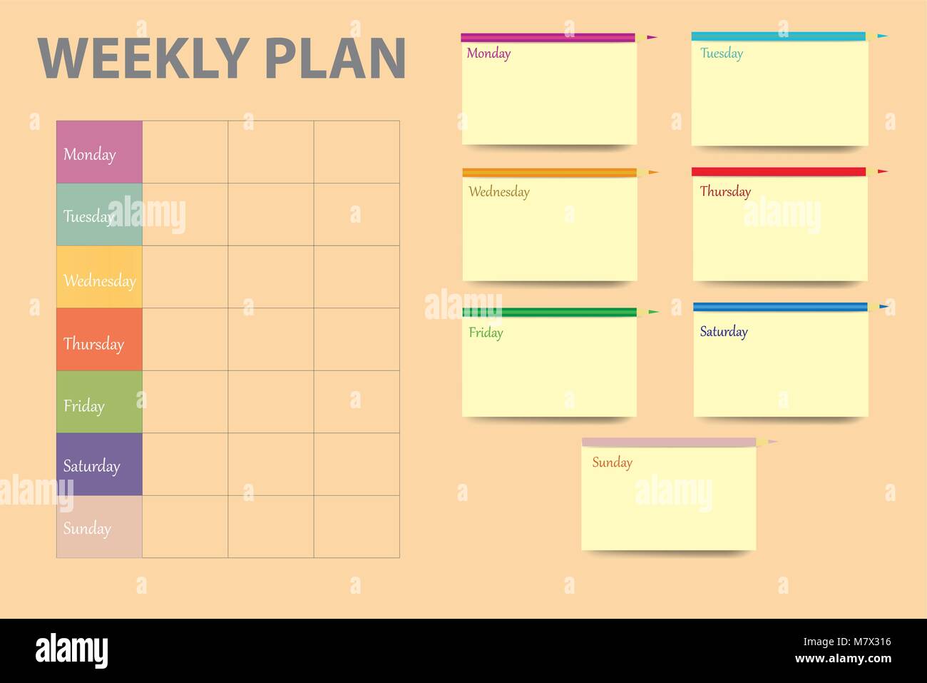 Simple table with a weekly schedule in the left part of the vector and ...