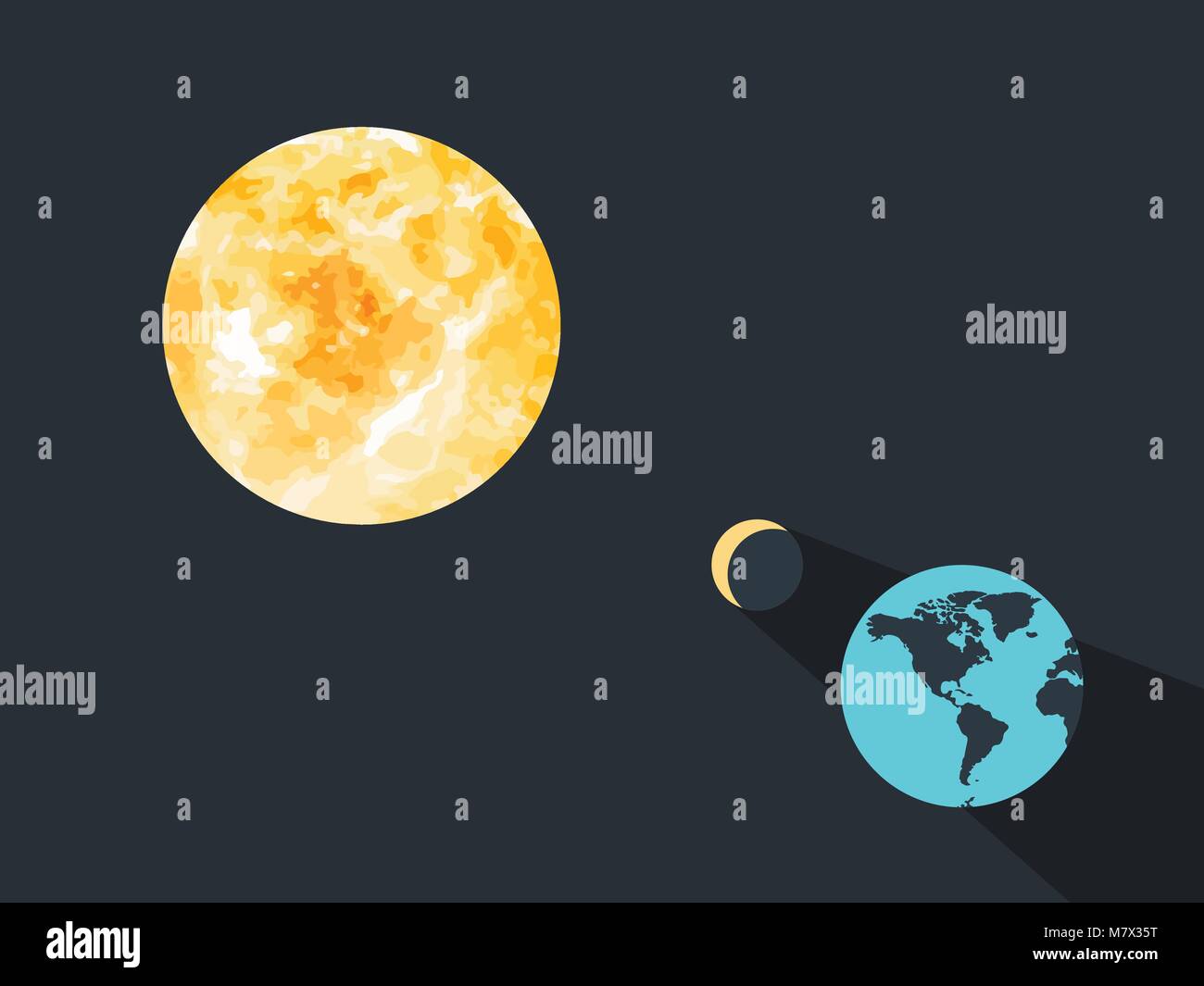 Solar eclipse. The moon closes the planet earth from the sun's rays ...