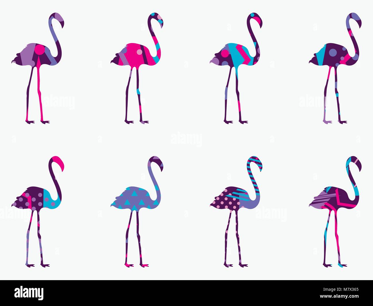 Flamingo with a pattern of geometric shapes, memphis style. A set of ...