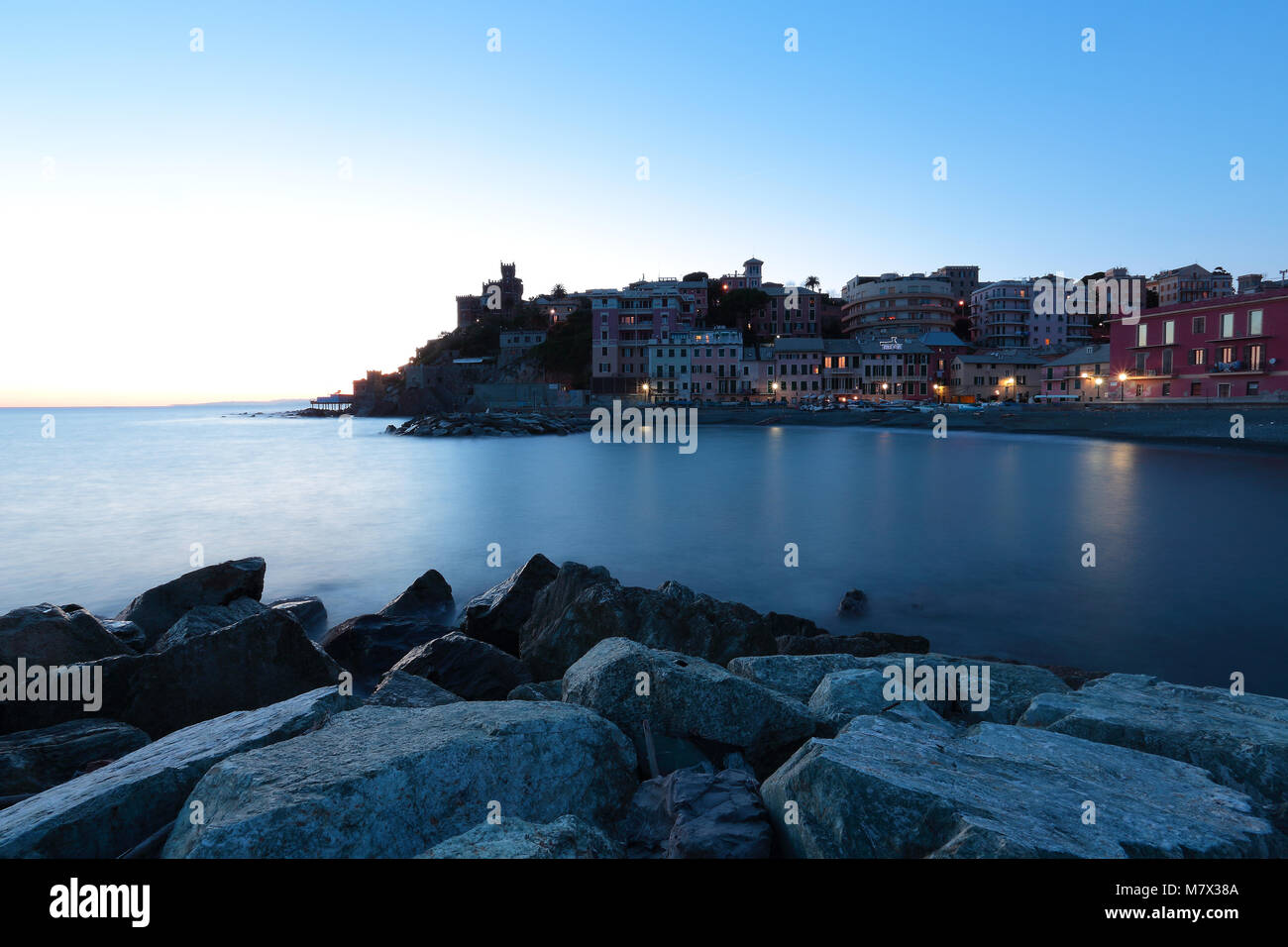 Long exposure at blue hour in the sea village with color houses/Genoa ...