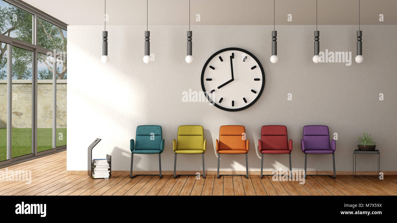 Waiting room with colorful chairs on white wall with big clock - 3d ...