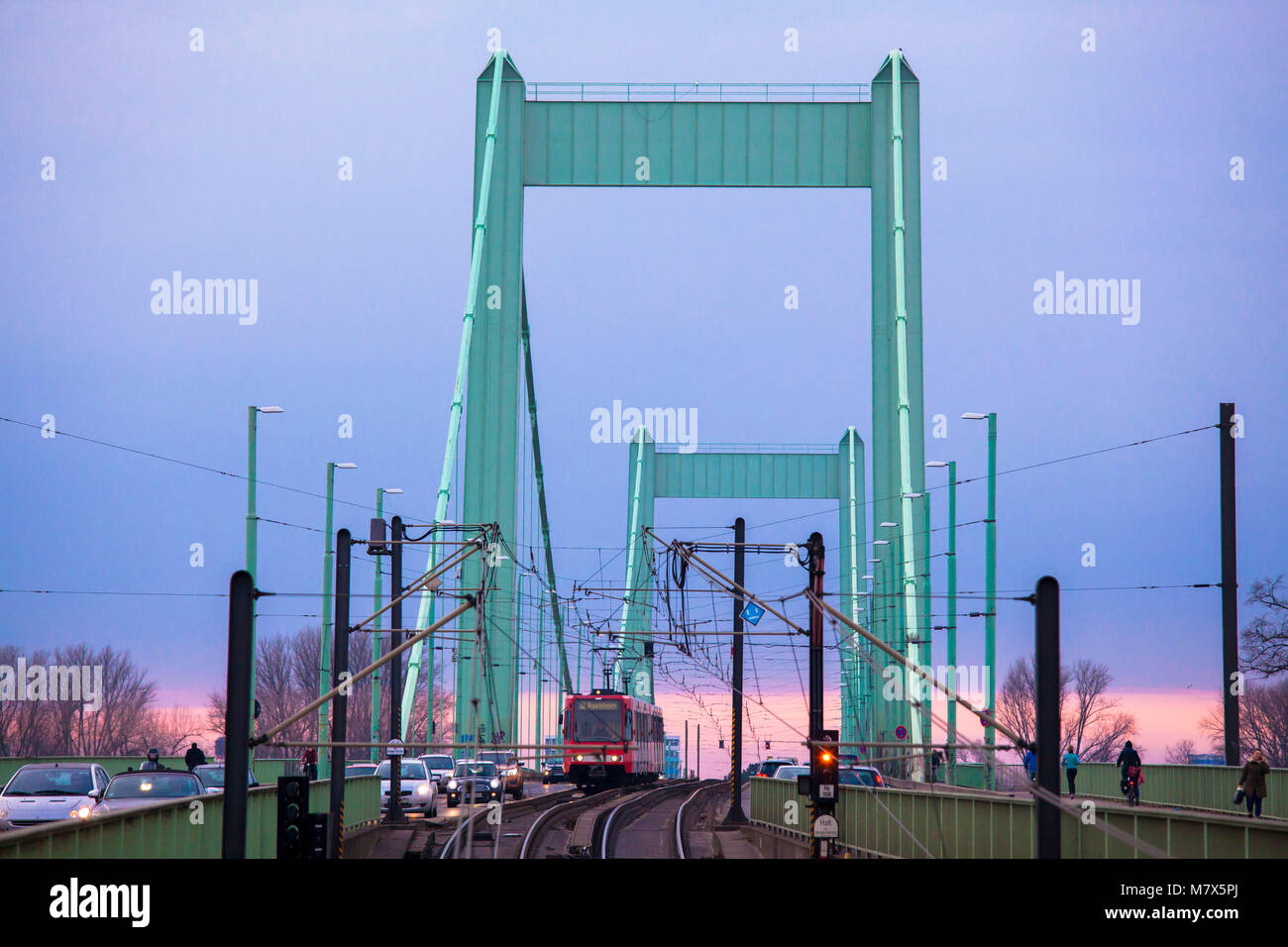 Germany, Cologne, the Muelheimer bridge across the river Rhine, view ...