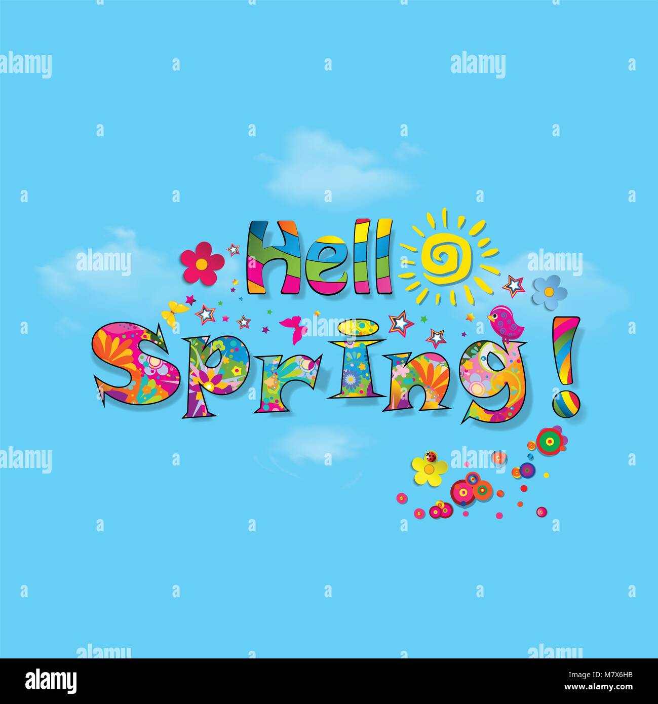Hello spring cartoon lettering typography with cute elements as sun ...