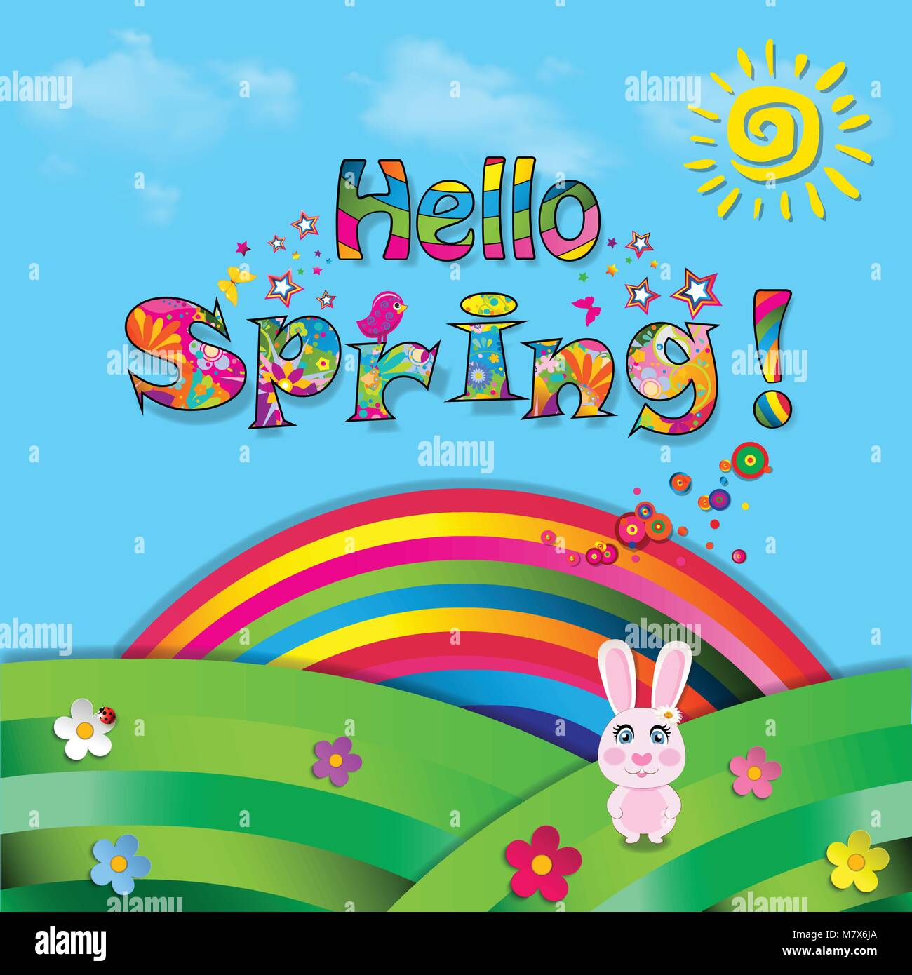 Hello spring vector cartoon colorful paper illustration of cute pink ...