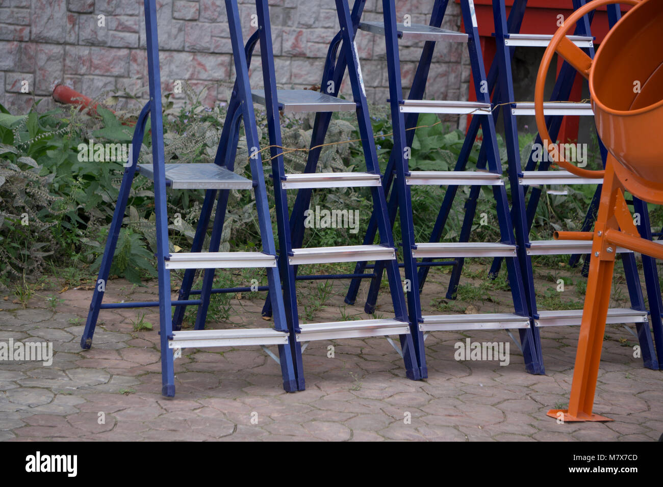Many new step ladder display on the tool store (shop Stock Photo - Alamy