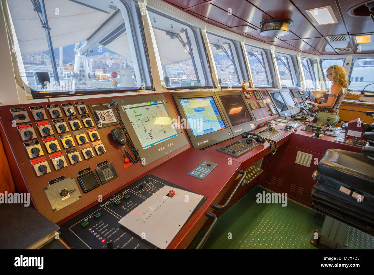 GENOA (GENOVA), ITALY JUNE 23, 2017 - The bridge (helm) dashbord of the ...