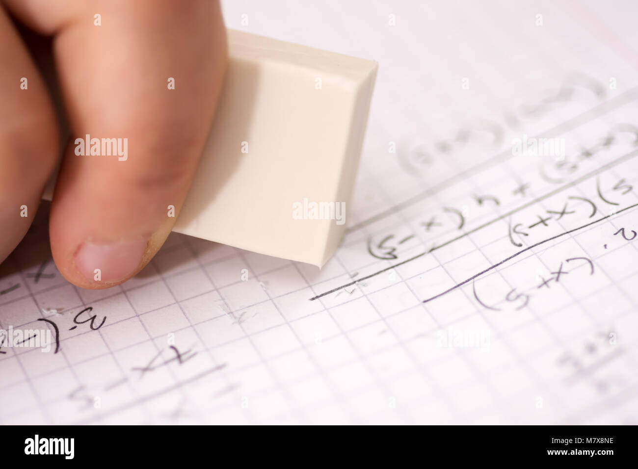 Hand with White Ruber Eraser on White Paper. Mistake Erase Concept ...