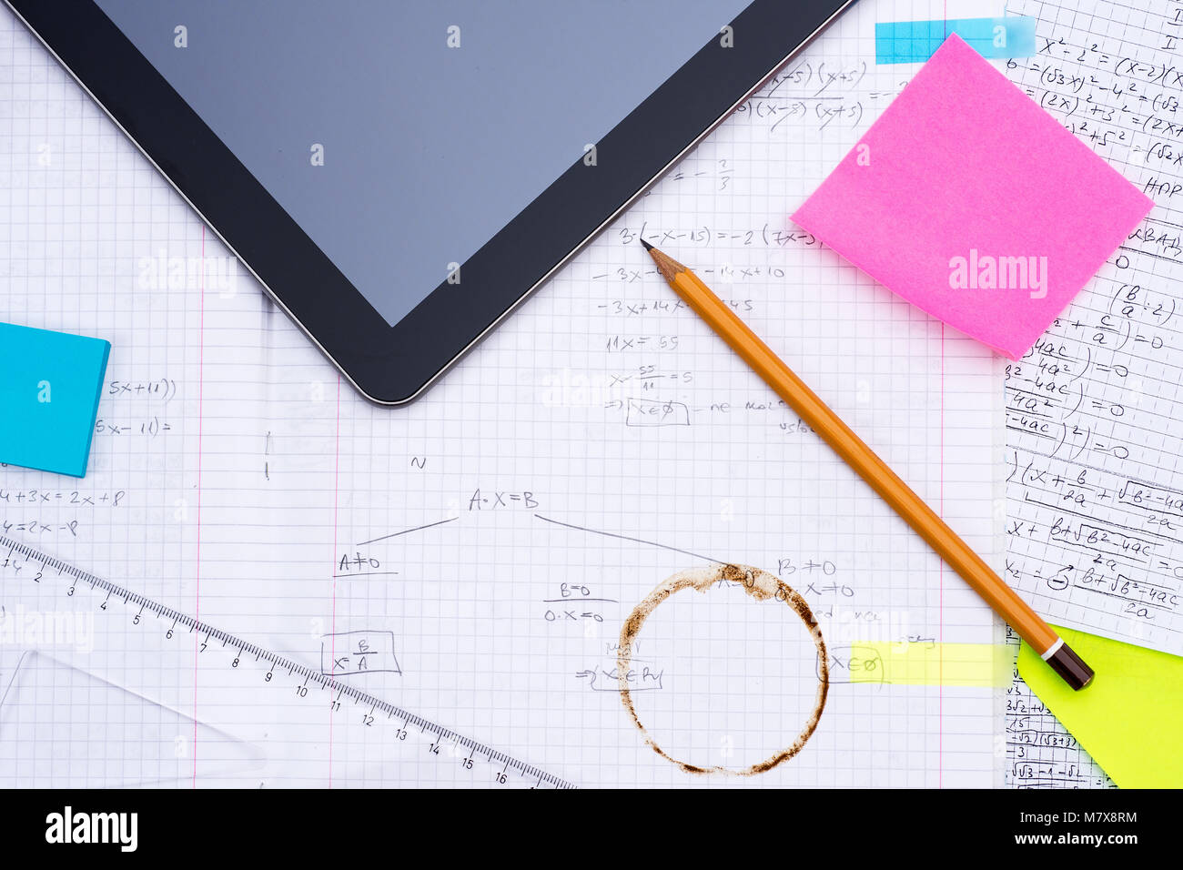 Digital Tablet, Pencil, Ruler over Sheet of Paper with Mathematical ...