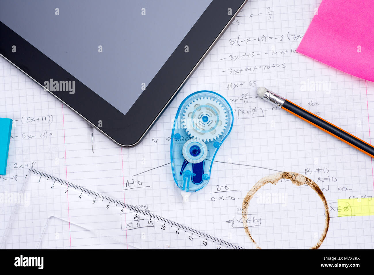 Digital Tablet, Pencil, Ruler over Sheet of Paper with Mathematical ...