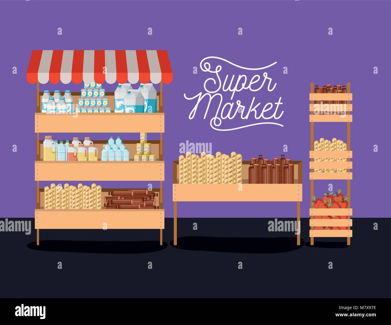 supermarket three shelves colorful poster design with foods and ...