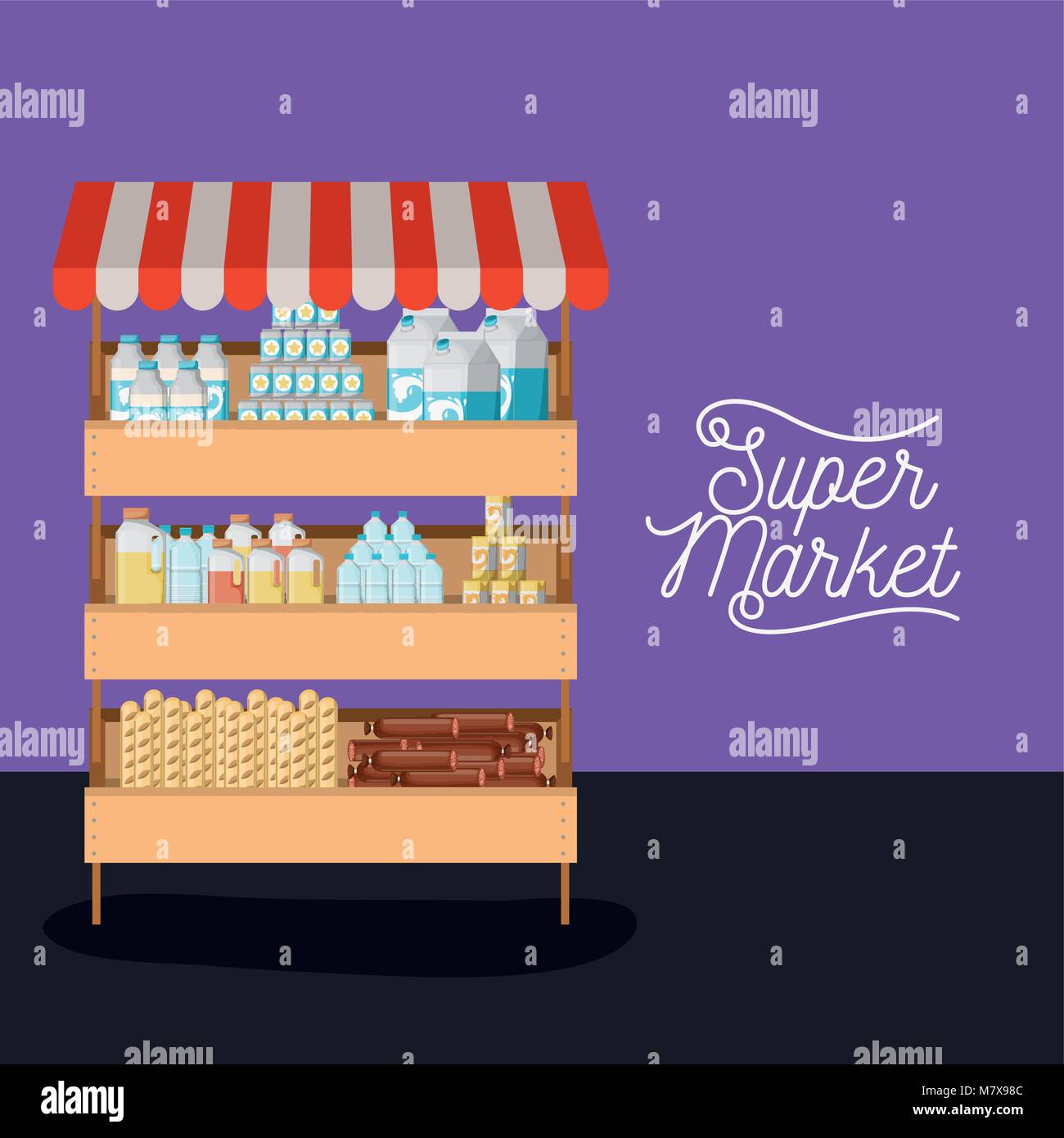 supermarket shelf colorful poster design with foods and beverages and ...