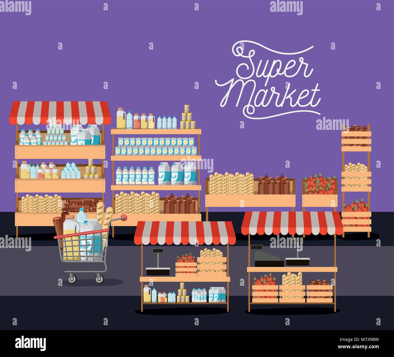 supermarket colorful poster of shelves with foods and beverages and ...