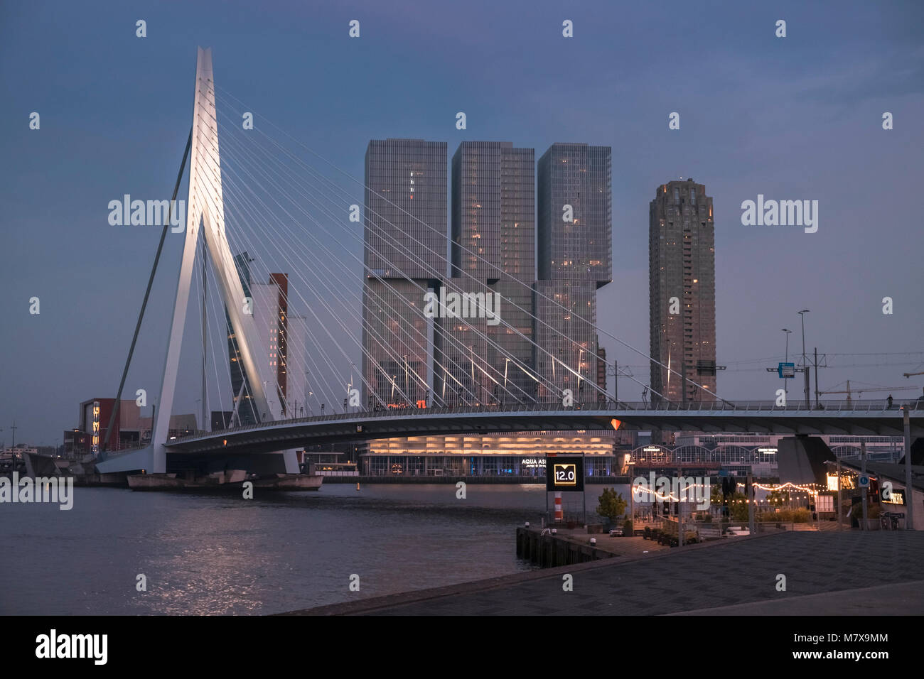 Erasmusbrug (Erasmus Bridge) and De Rotterdam buildings city skyline at ...