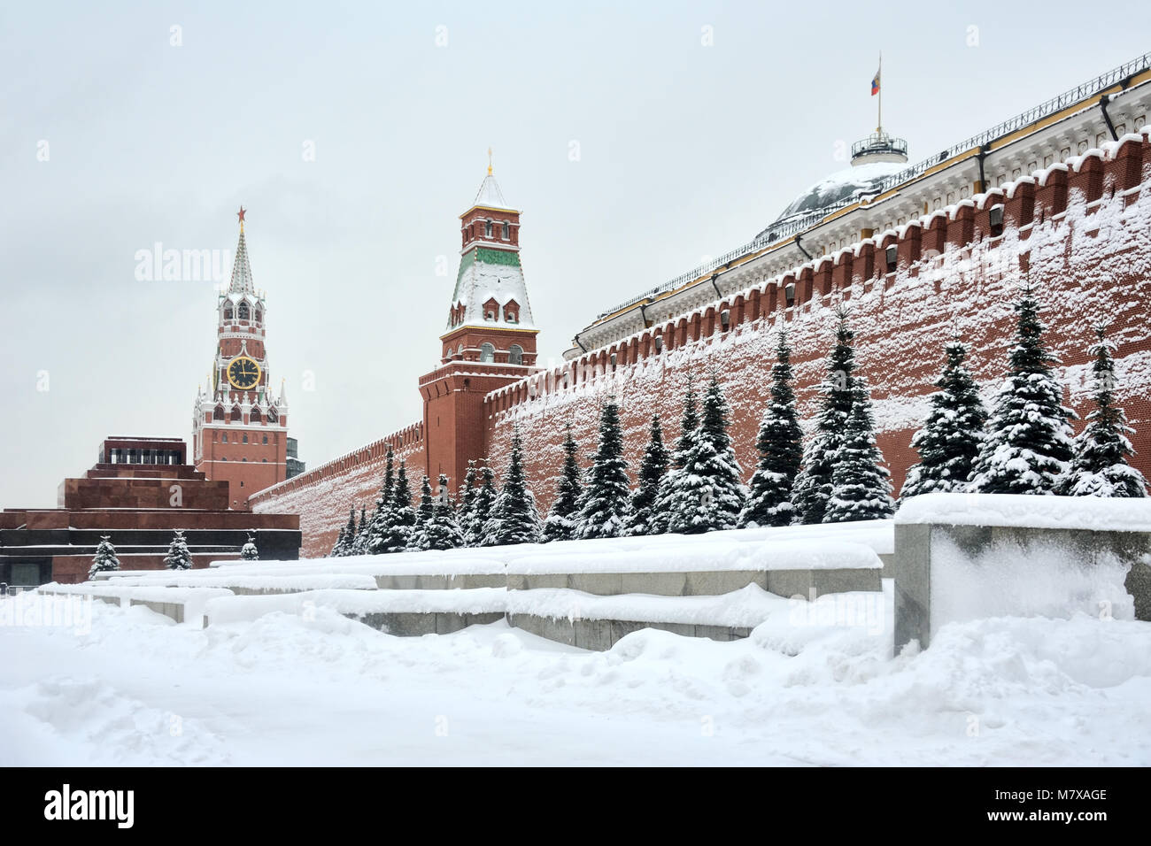 = Red Square - Kremlin Wall and Towers in Snow = Snow-covered blue pine ...