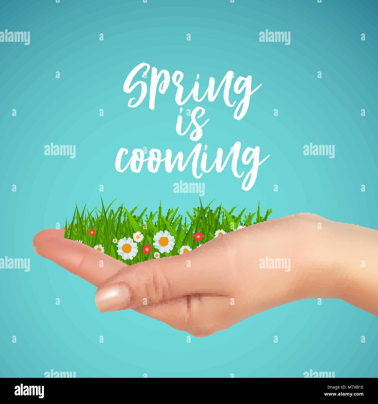 Grass and flowers in hand. Spring is cooming background. Vector ...