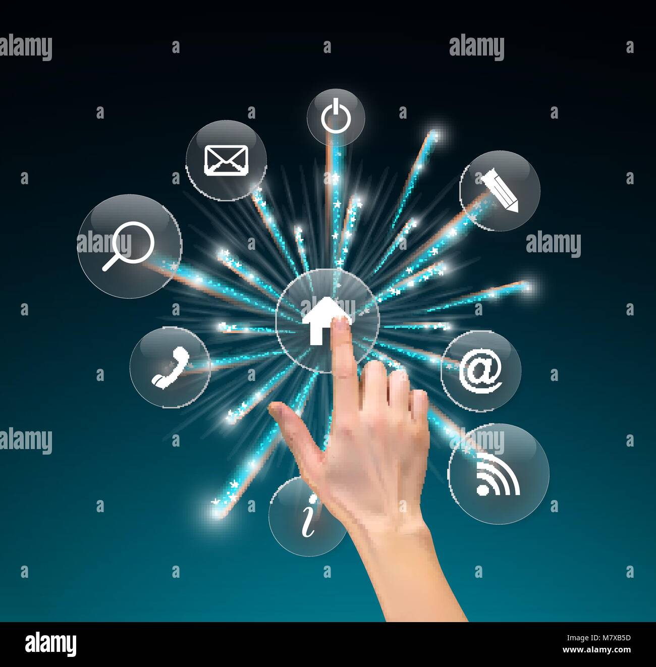 Realistic 3D Silhouette of hand with finger pressing a button on Blue ...