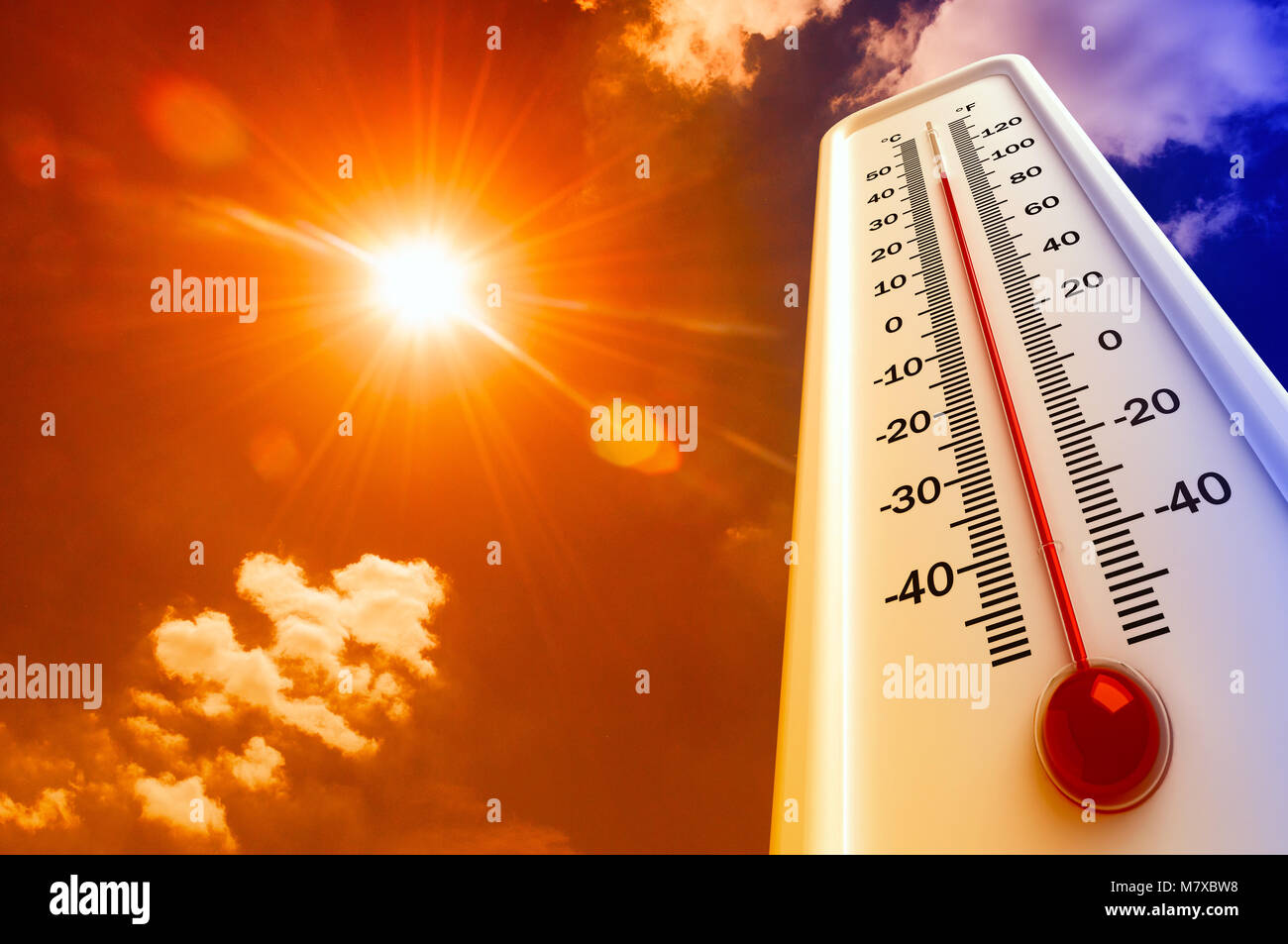 Heat, thermometer shows the temperature is hot in the sky Stock Photo ...