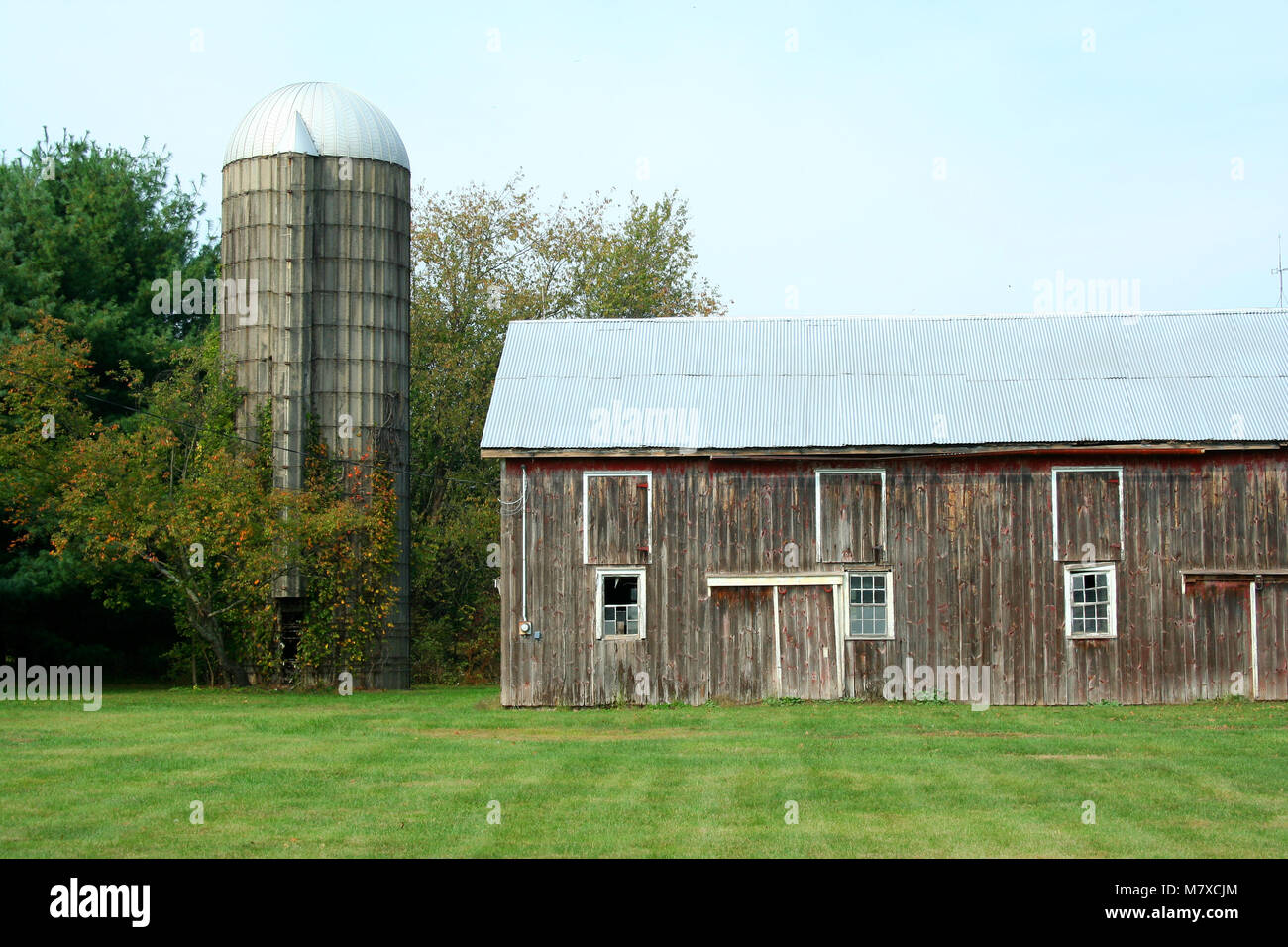 A Barn and silo with trees and grass Stock Photo - Alamy