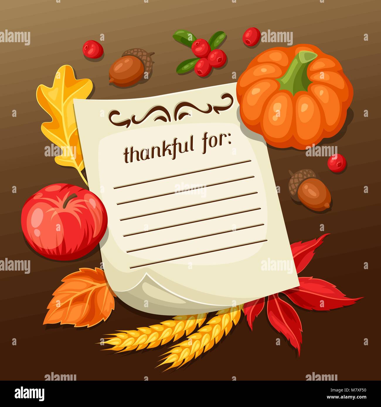 Thanksgiving Day greeting card. Background with note and autumn objects ...