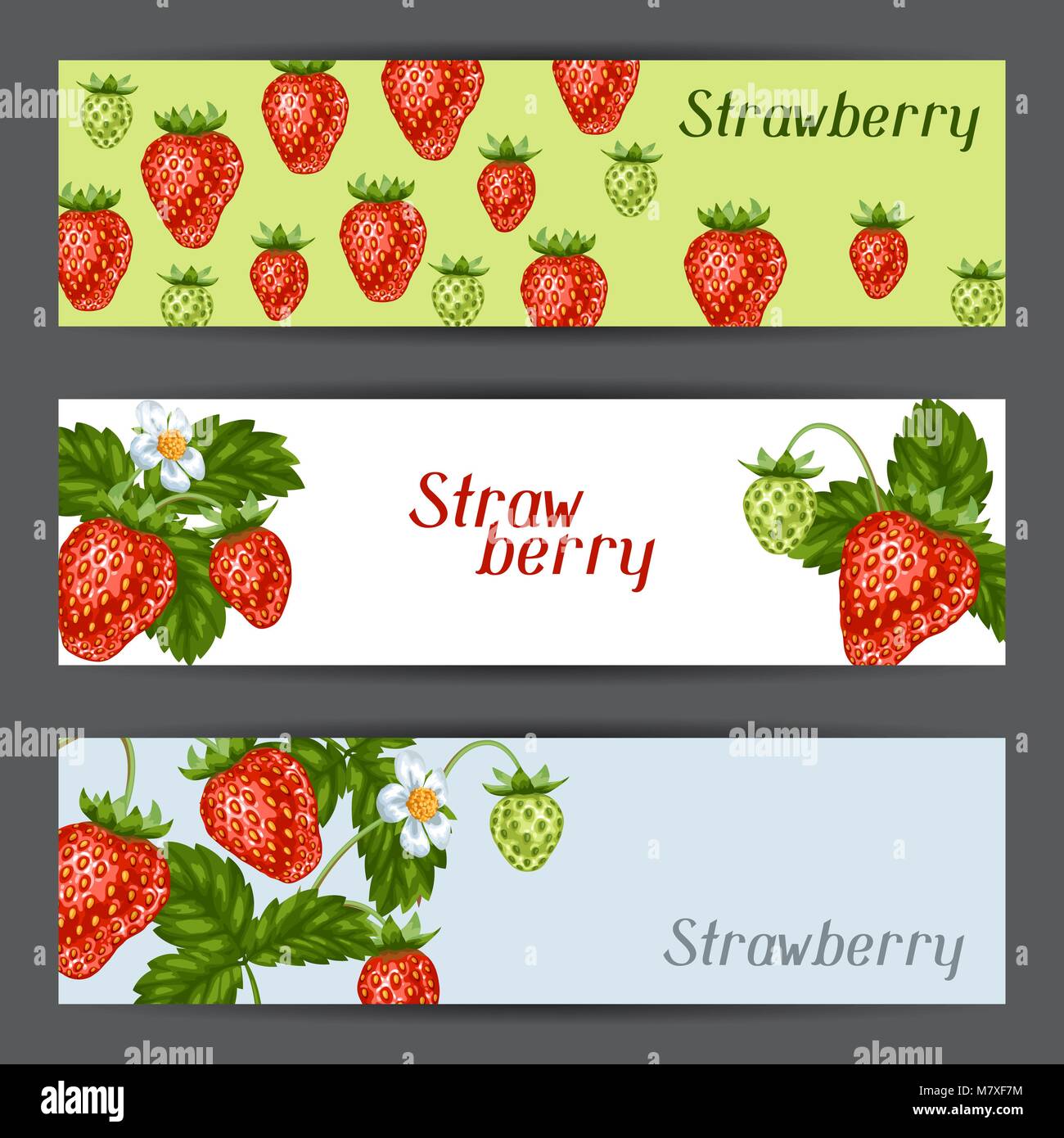 Banners with red strawberries. Illustration of berries and leaves Stock ...