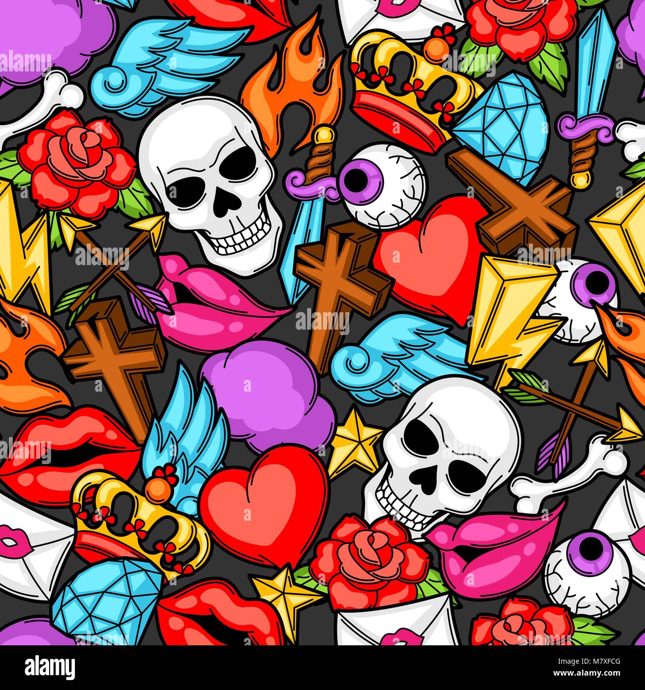 Seamless pattern with retro tattoo symbols. Cartoon old school ...