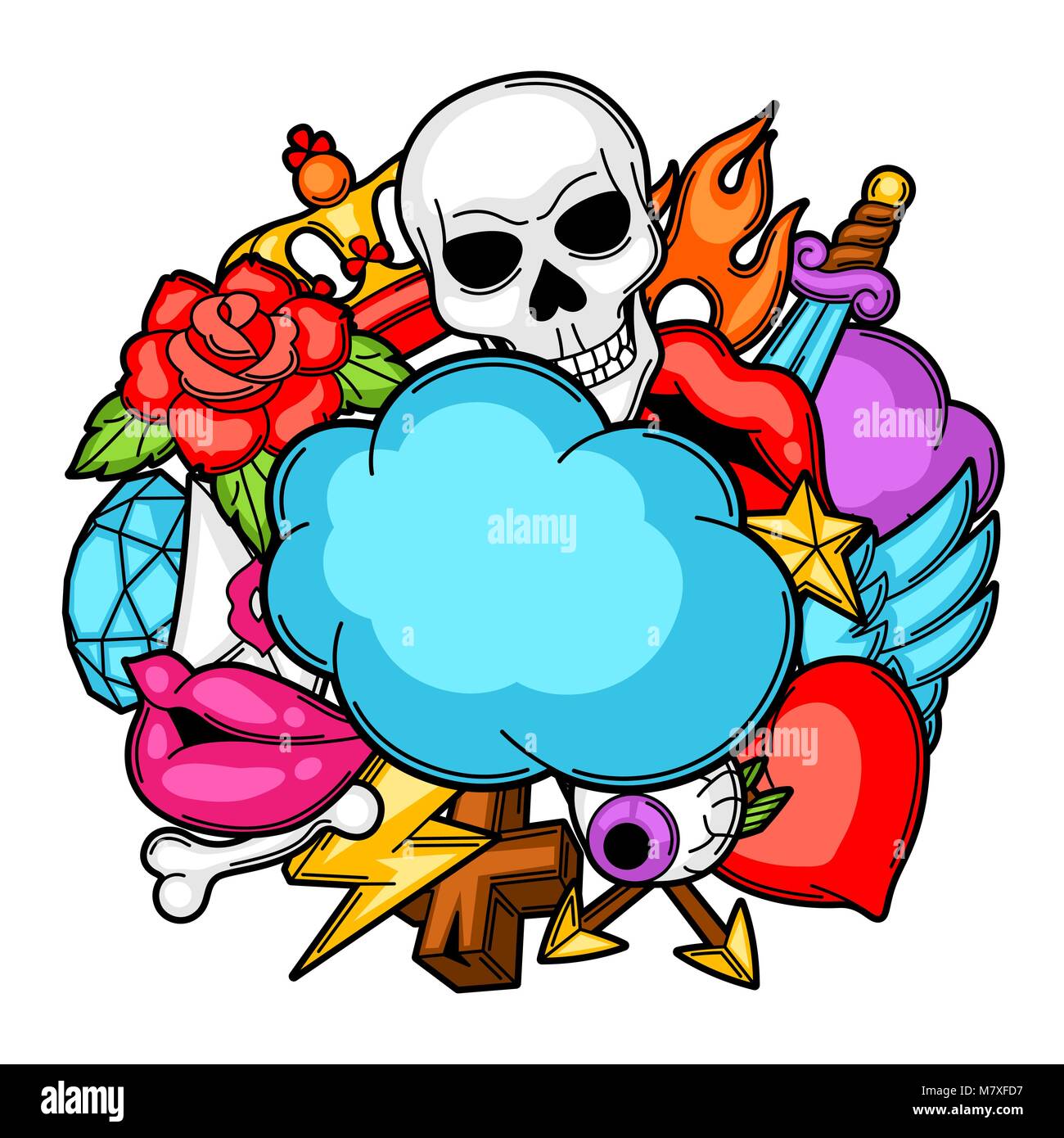 Background with retro tattoo symbols. Cartoon old school illustration ...