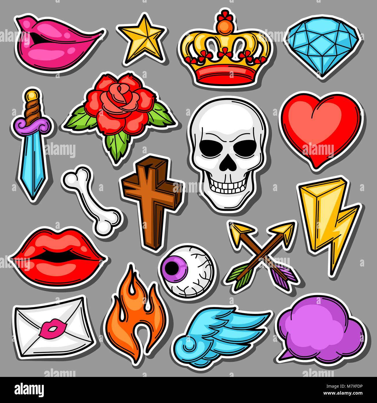 Set of retro tattoo symbols. Cartoon old school illustration Stock ...