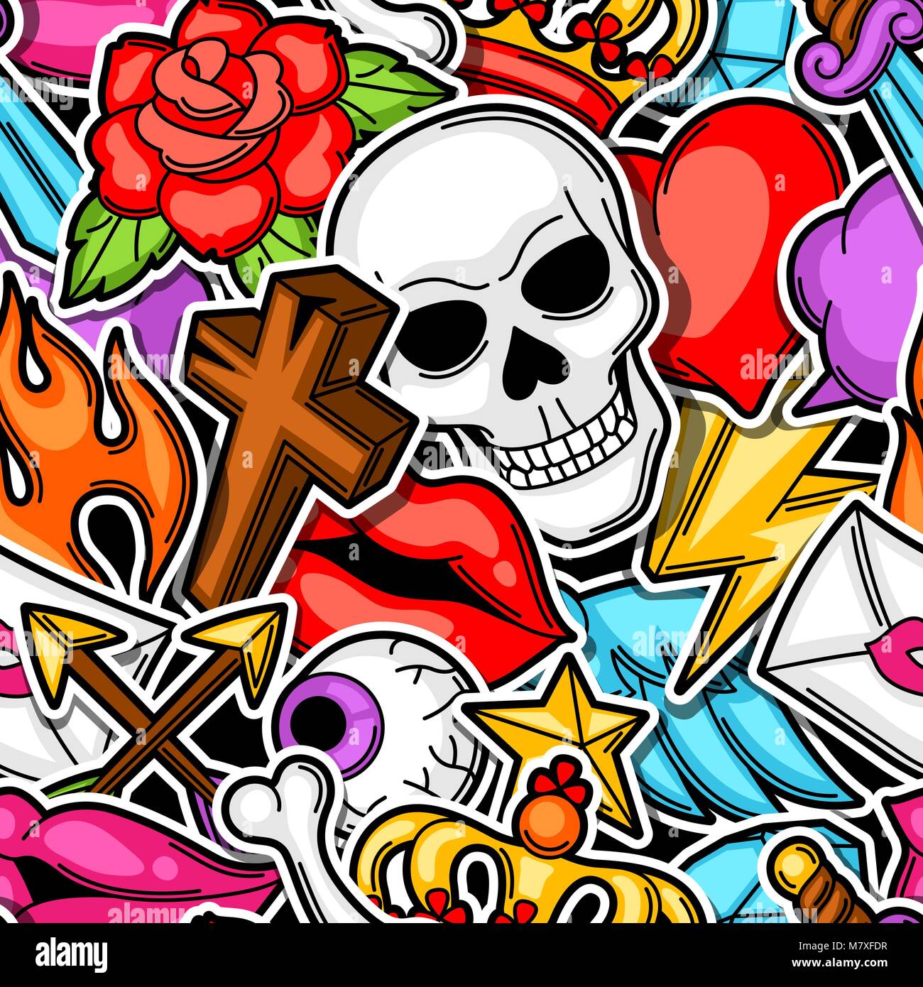 Seamless pattern with retro tattoo symbols. Cartoon old school ...