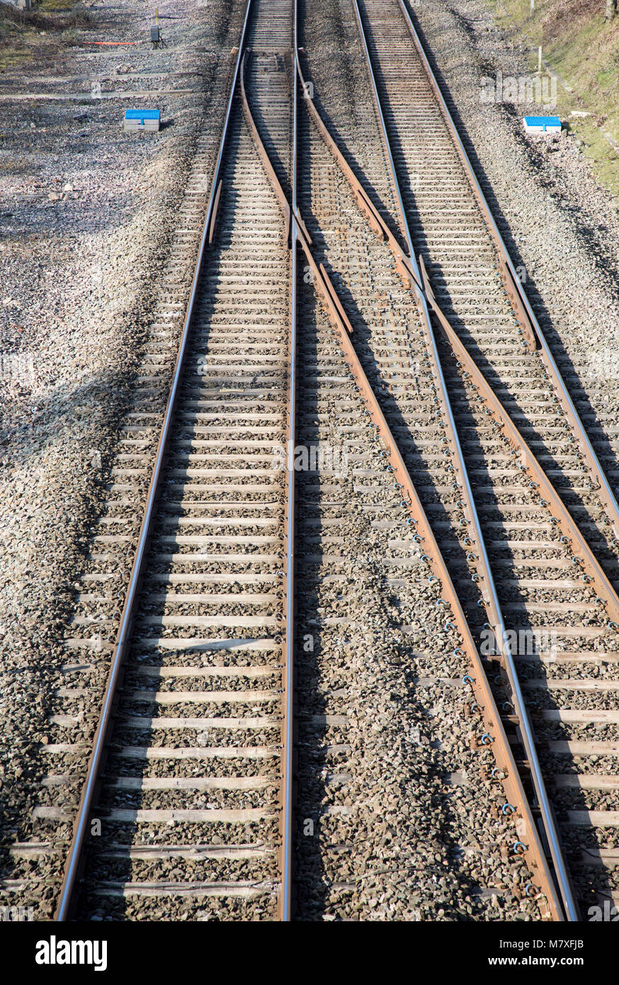 Merging tracks on rail line at Woodborough, Wiltshire, England, UK ...