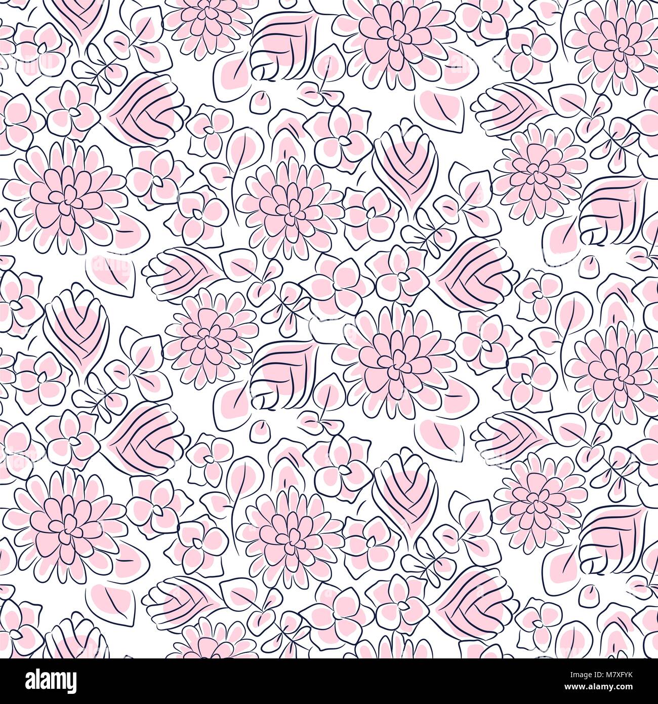 Handdrawn flower dense pink line seamless pattern. Line sketch style ...