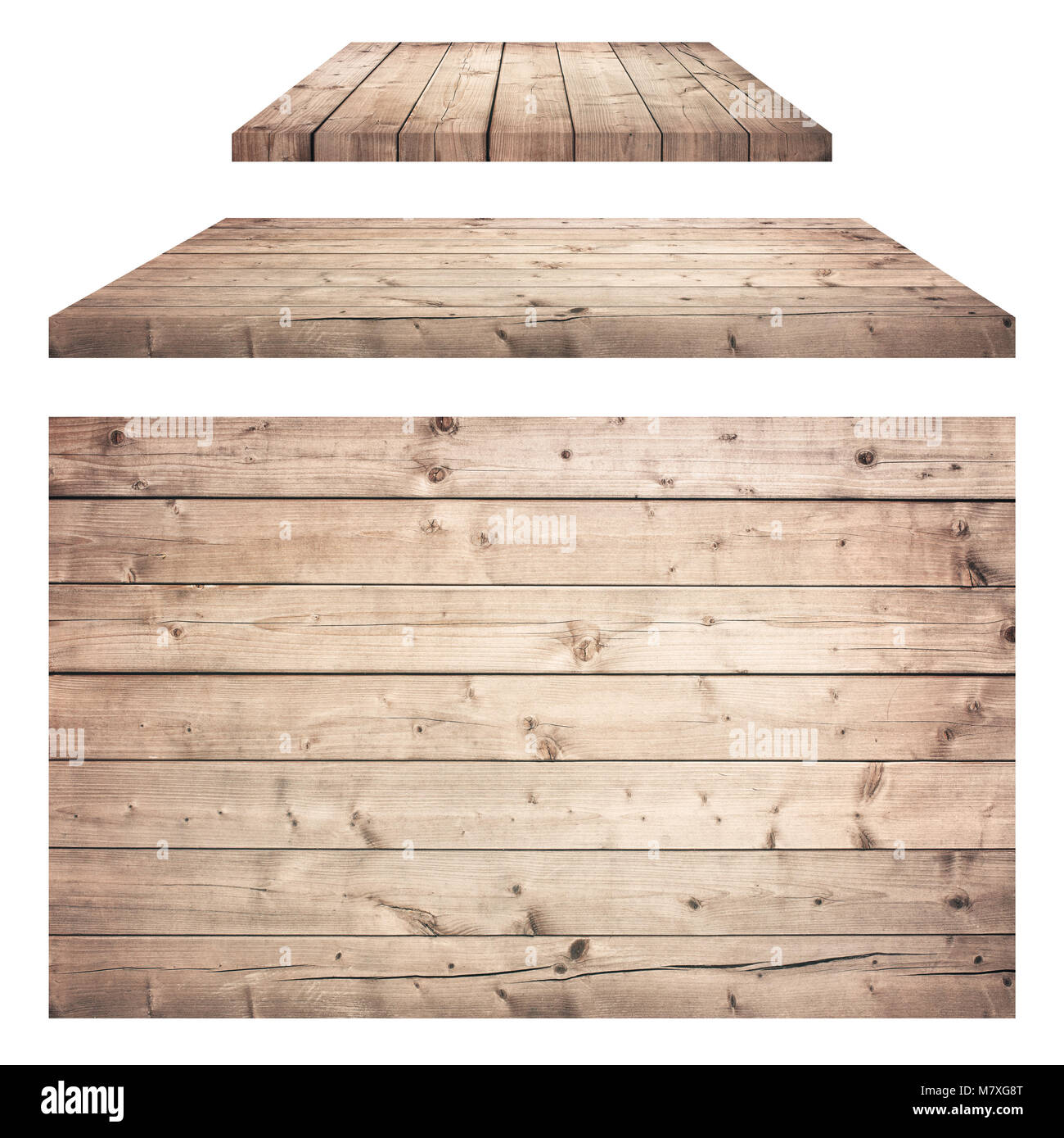 Brown wooden wall, table, floor surface, wooden texture. Objects are ...