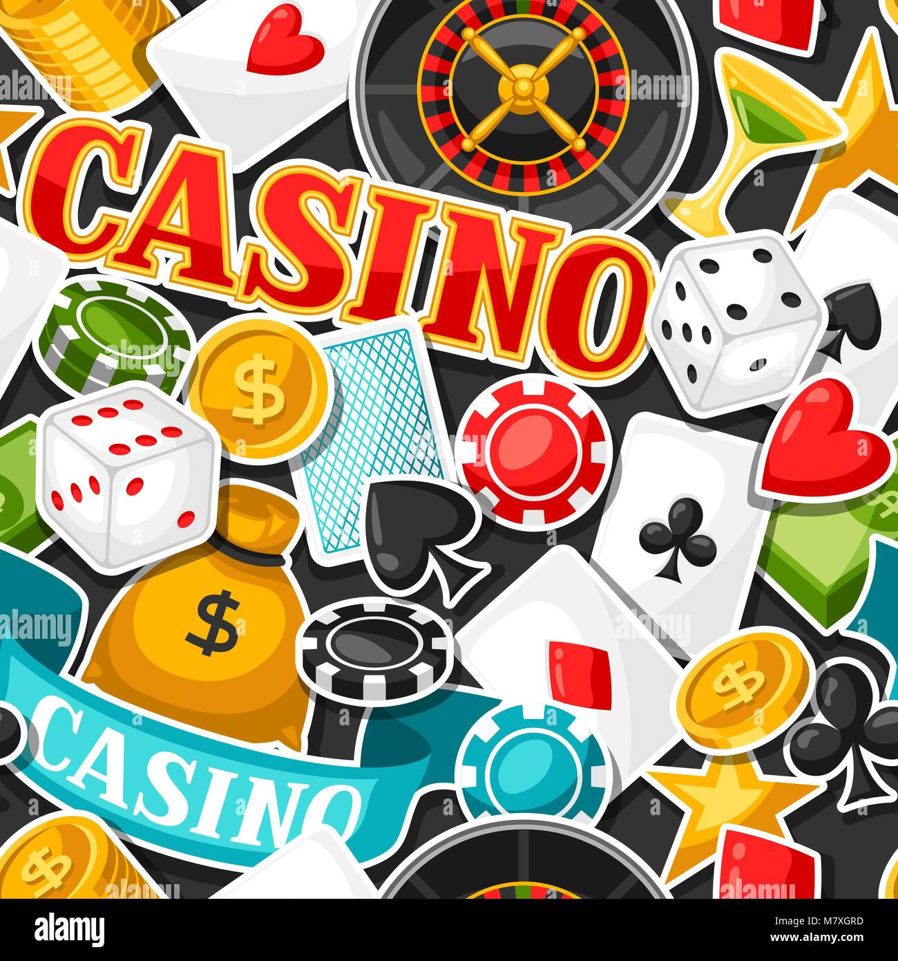 Casino gambling seamless pattern with game sticker objects Stock Vector ...