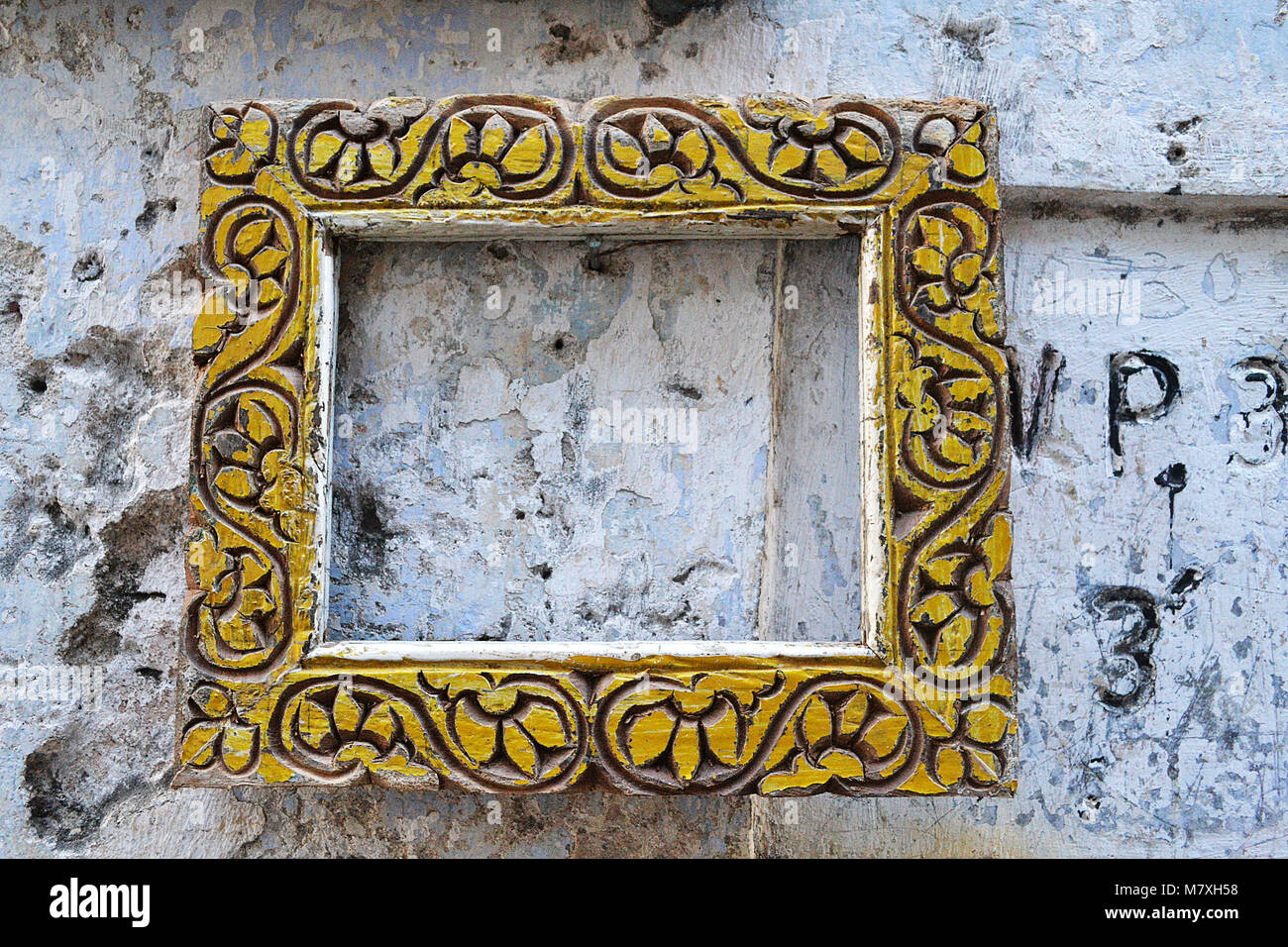 Vintage colourful wooden photo frame on a wall. Stone Town. Zanzibar ...