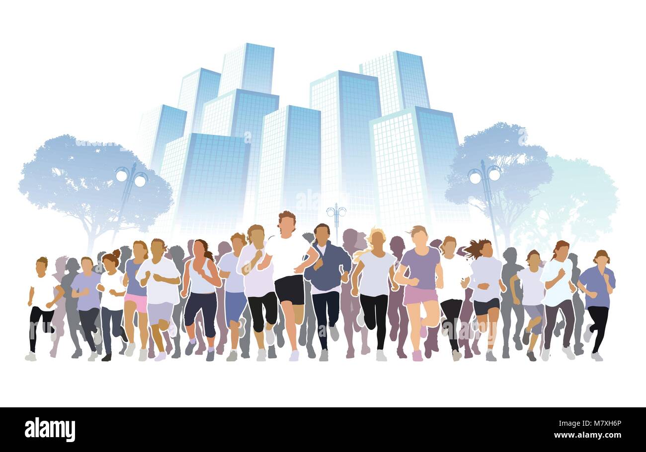 Front view of the crowd of young people running in the city marathon ...