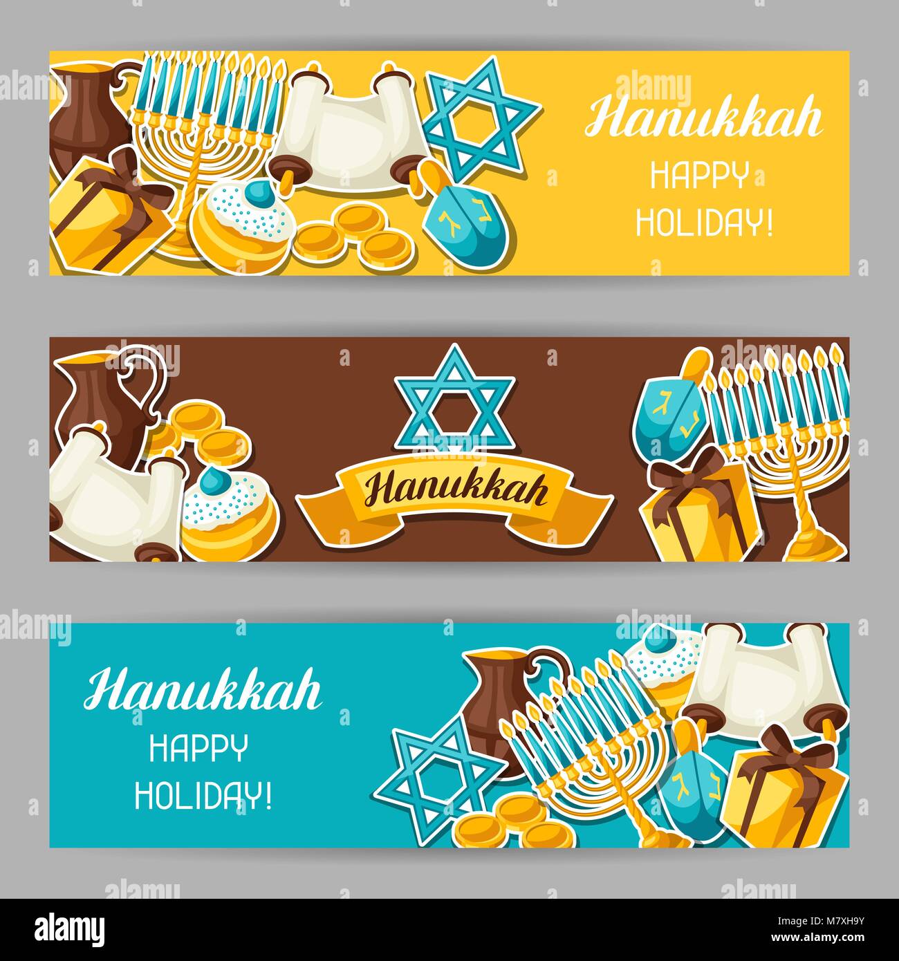 Jewish Hanukkah celebration banners with holiday sticker objects Stock ...