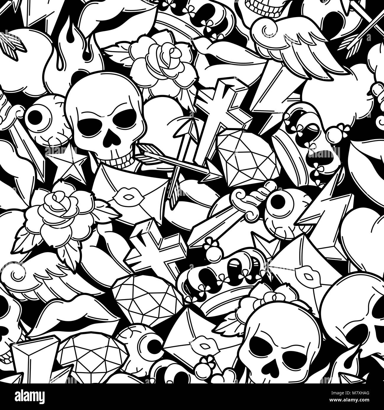 Seamless pattern with retro tattoo symbols. Cartoon old school ...
