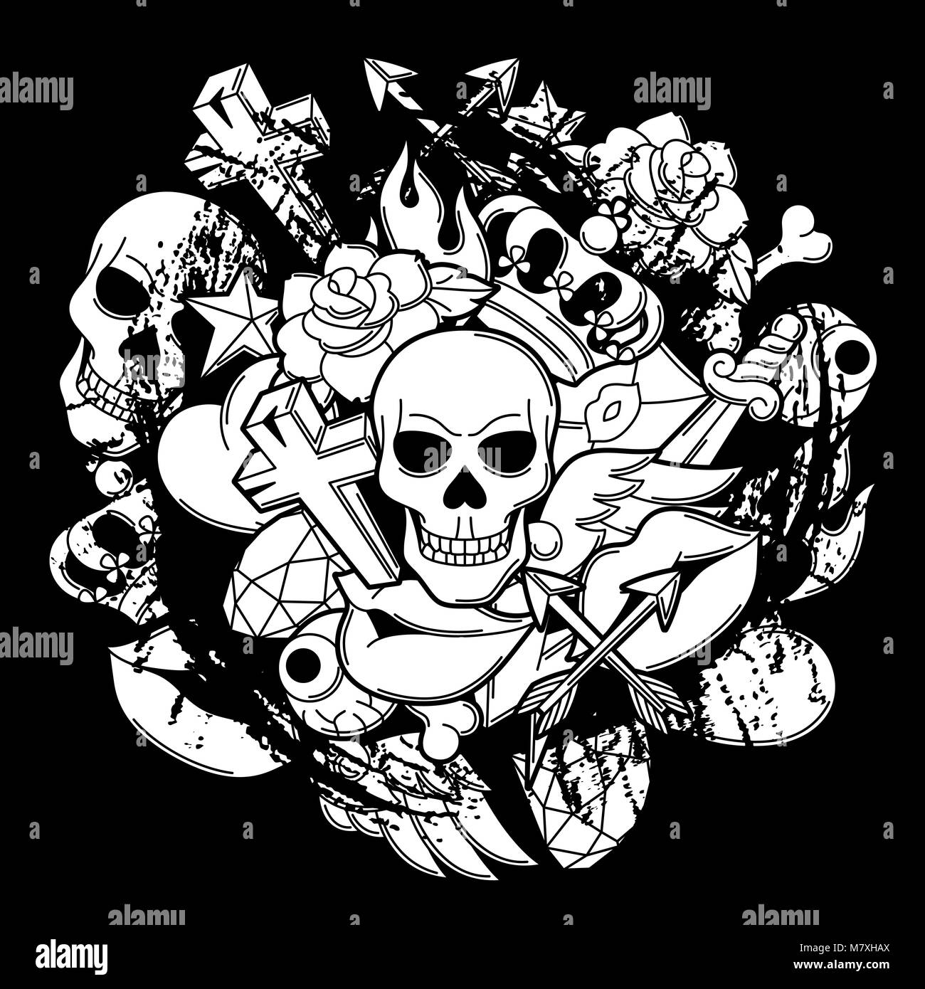 Print with retro tattoo symbols. Cartoon old school illustration Stock ...