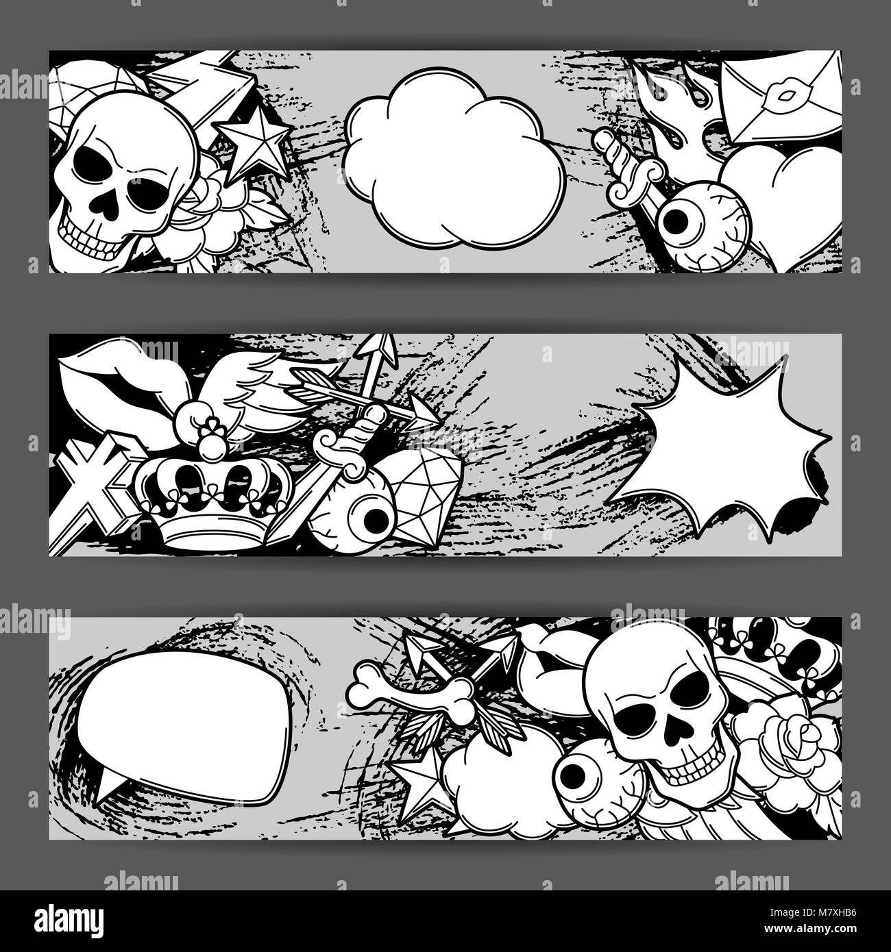 Banners with retro tattoo symbols. Cartoon old school illustration ...