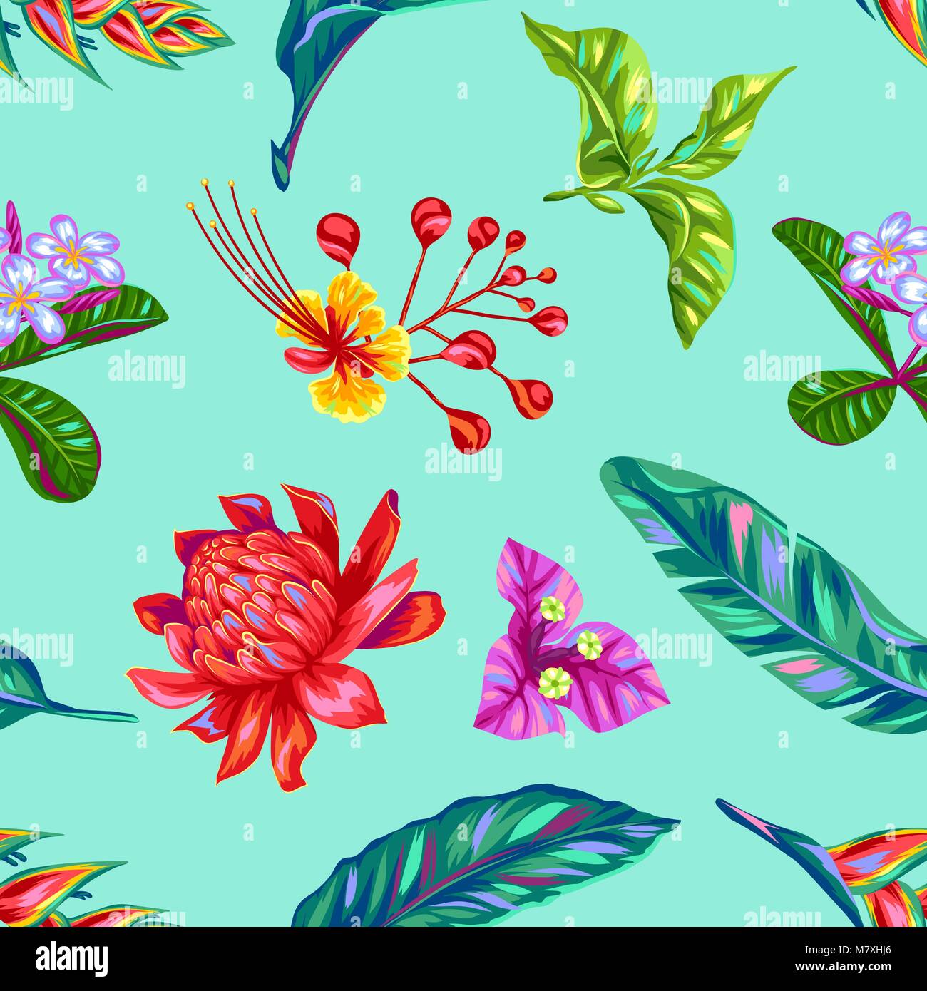 Seamless pattern with Thailand flowers. Tropical multicolor plants ...