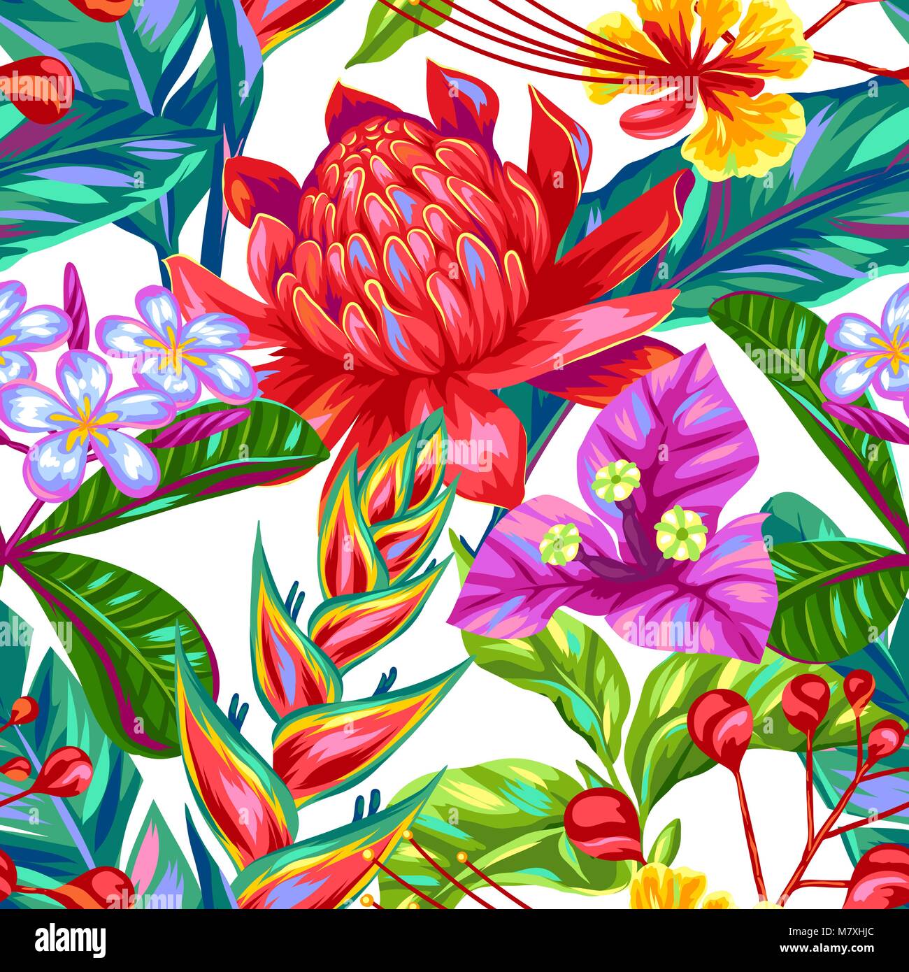 Seamless pattern with Thailand flowers. Tropical multicolor plants ...
