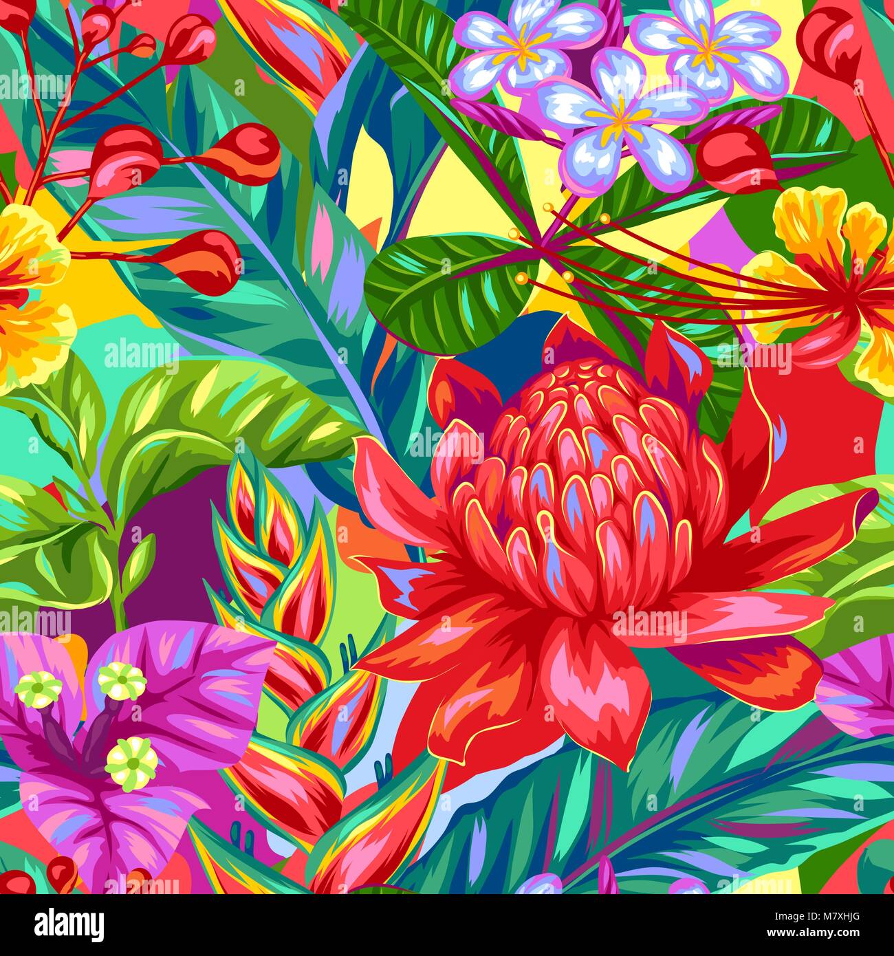 Seamless pattern with Thailand flowers. Tropical multicolor plants ...