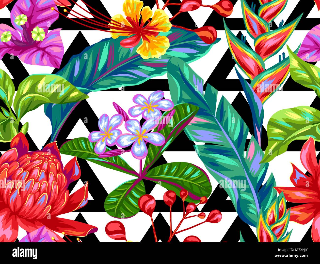 Seamless pattern with Thailand flowers. Tropical multicolor plants ...