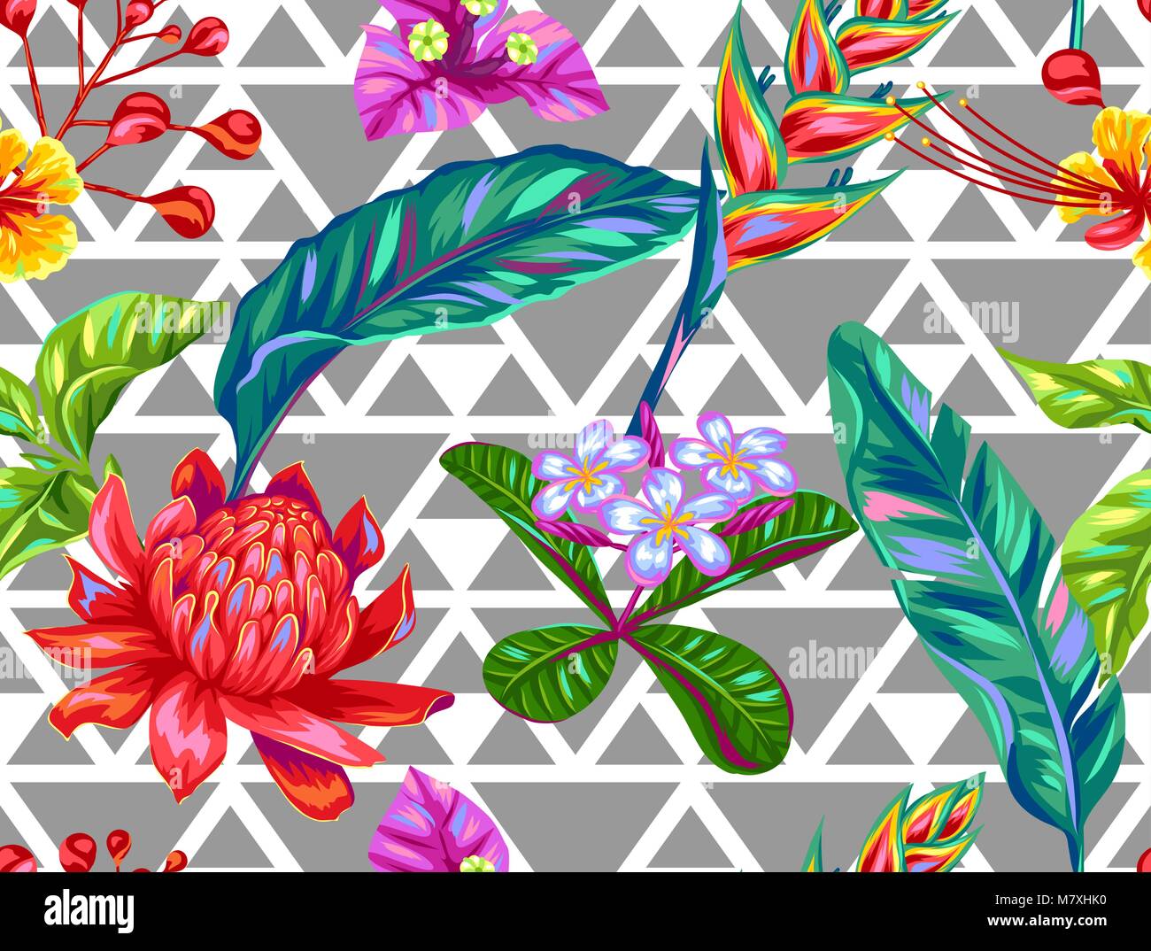 Seamless pattern with Thailand flowers. Tropical multicolor plants ...
