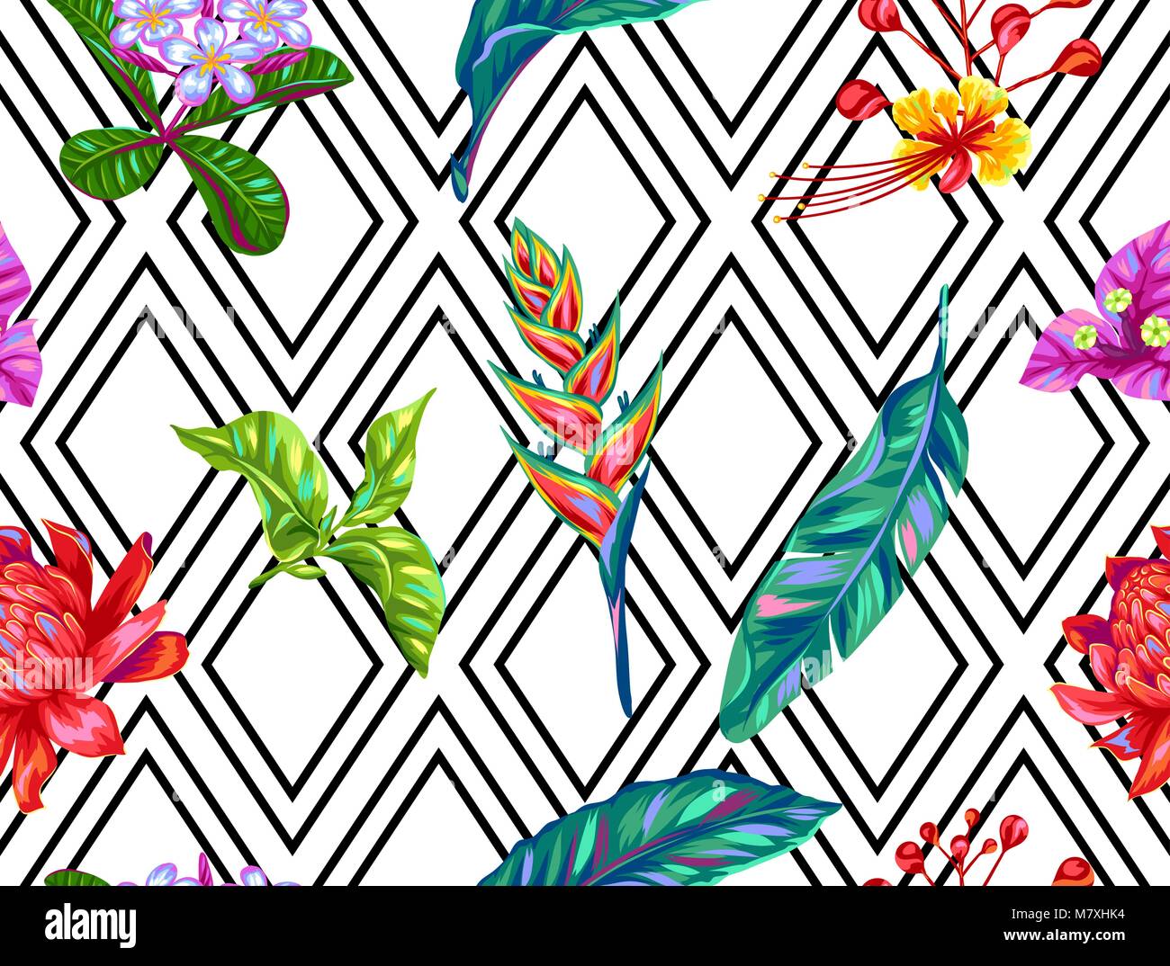 Seamless pattern with Thailand flowers. Tropical multicolor plants ...